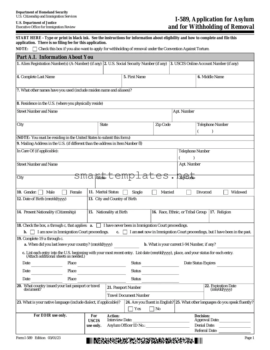 USCIS I 589 Form Download PDF Template USCIS I 589 Form Download PDF Template